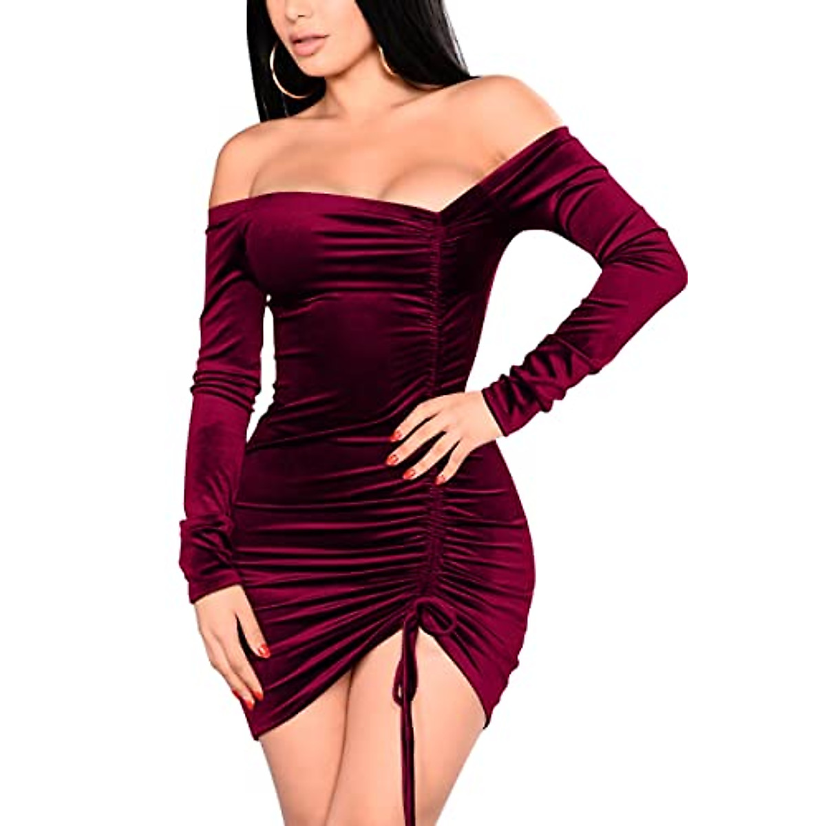 GOBLES Womens Velvet Bodycon Ruched Sexy Off Shoulder Bodycon Mini Club Dress Wine Red