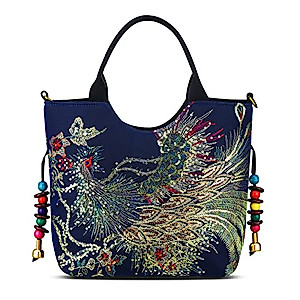 Mumu Doceiog women bags vintage handbags with peacock sequins double side embroidered for ethnic travel casual boho tote bag with stylish pendant perse consuela shoulger bag.(blue)