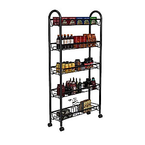 WASJOYE Rolling Wire Slim 5-Shelf Storage Cart for Home Kitchen Marketplace, Storage and Organization Stand with Lockable Wheels (Black)