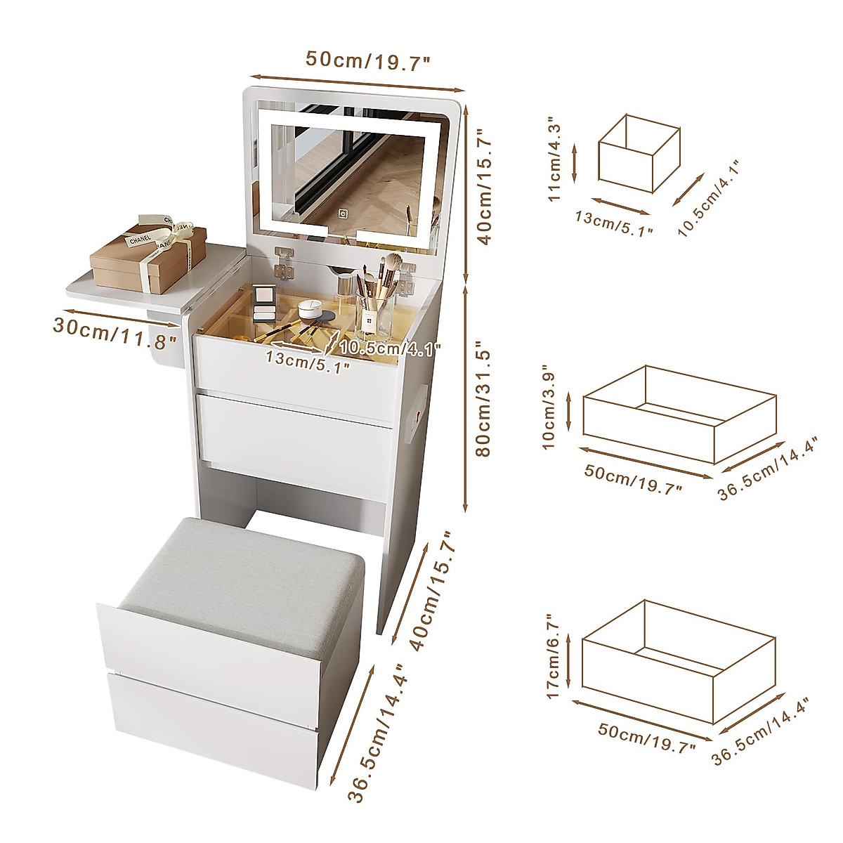 HIMAmonkey Small Makeup Vanity with Mirror and Lights, 3-in-1 Vanity Desk with 3 Drawers, Corner Vanity Set with Soft Stool, Compact Dressing Table for Living Room/Bedroom-19.7in/White