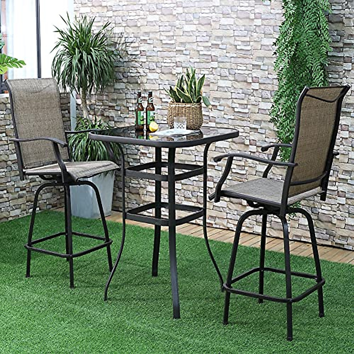 Yiguo Outdoor Swivel Bar Stools Set of 2,All-Weather Bar Height Tall Patio Chair Set,for Garden Backyard Deck Balcony Porch Pergola,Light Brown