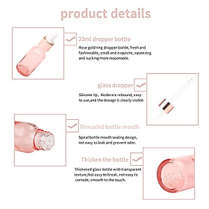 JIUWU 20Pcs 20ml Glass Dropper Bottles, Pink Glass Sample Dropper Tincture Bottles Vials with Glass Eye Pipette for Essential Oil Perfume Scent Liquid