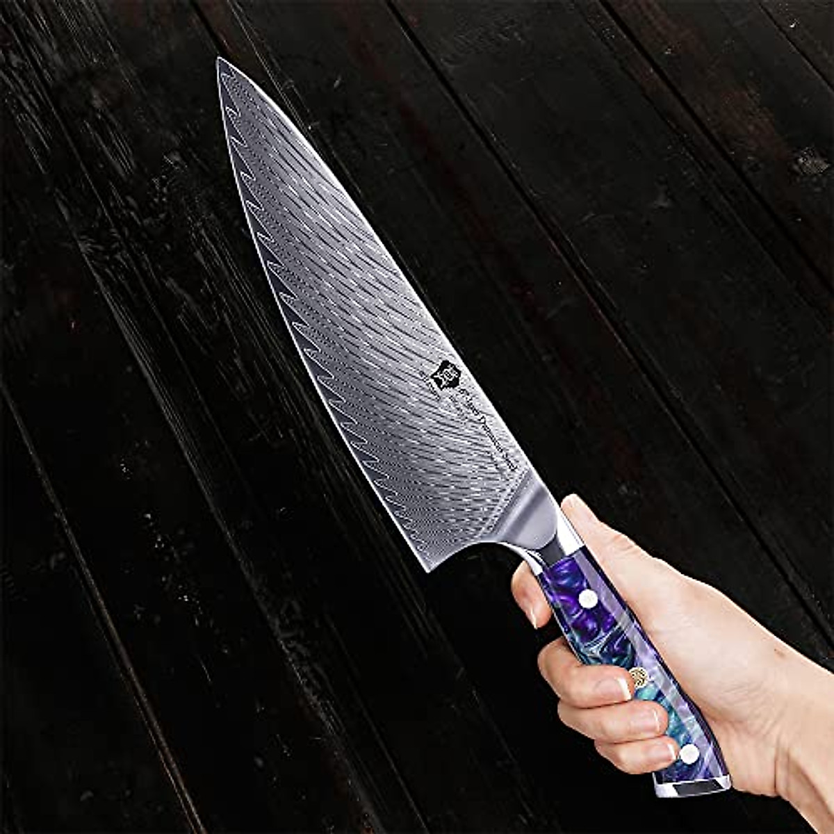 WILDMOK Damascus Kitchen Knife Set with Block Premium Quality 7 Pieces Kitchen Knife Set Razor-Sharp with Ergonomic Handle (7pcs Knife Block Set Blue Resin Handle)