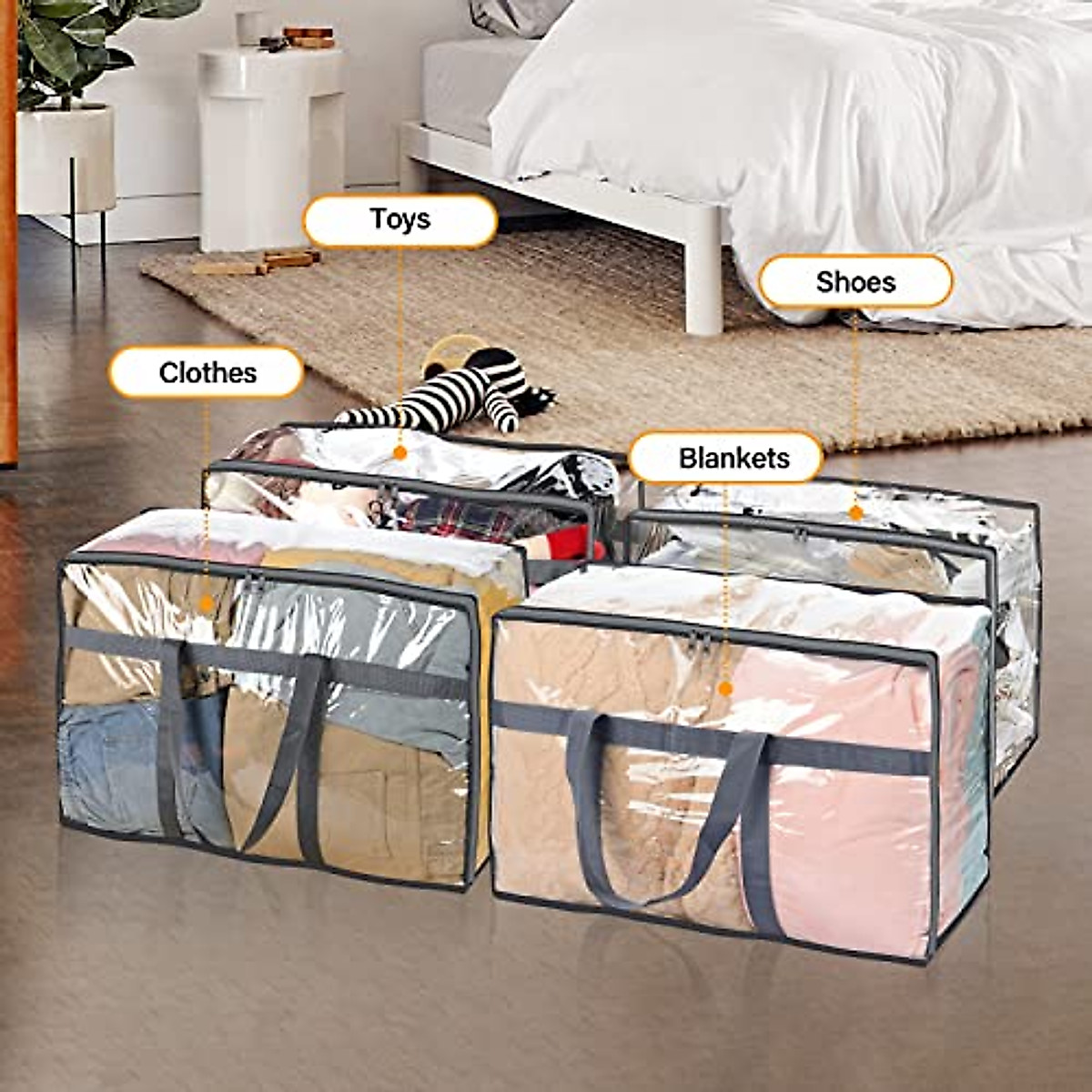 Fixwal 4 Pack Clear Clothes Storage 60L Moving Totes with Reinforced Handles Transparent Space Saver Containers Closet Organizer Vinyl Bag for Bedding Sets Blankets Duvet Cover Clothes (4 Pack, Gray)