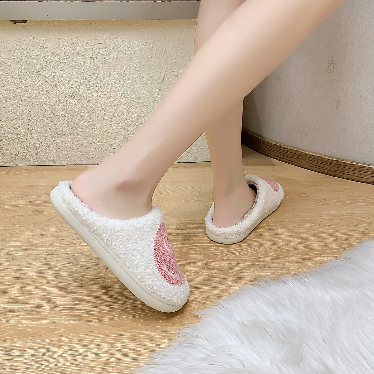 PLMOKN Slippers for women indoor and outdoor men open toe fluffy cute smile face slippers,B-Pink/8.5-9.5