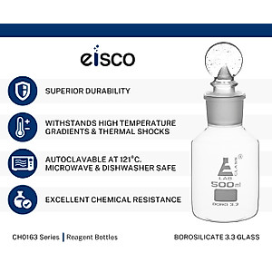 EISCO Reagent Bottle, 1000ml - Wide Mouth and Glass Penny Stopper Borosilicate 3.3- Eisco Labs