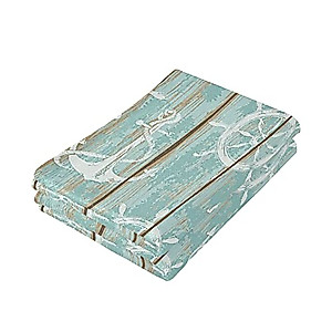 Wamika Nautical Theme Anchor Hand Bath Towel Hanging Towels Set Vintage Wood Board Print Turquoise Kitchen Dish Towel Highly Absorbent 2pcs