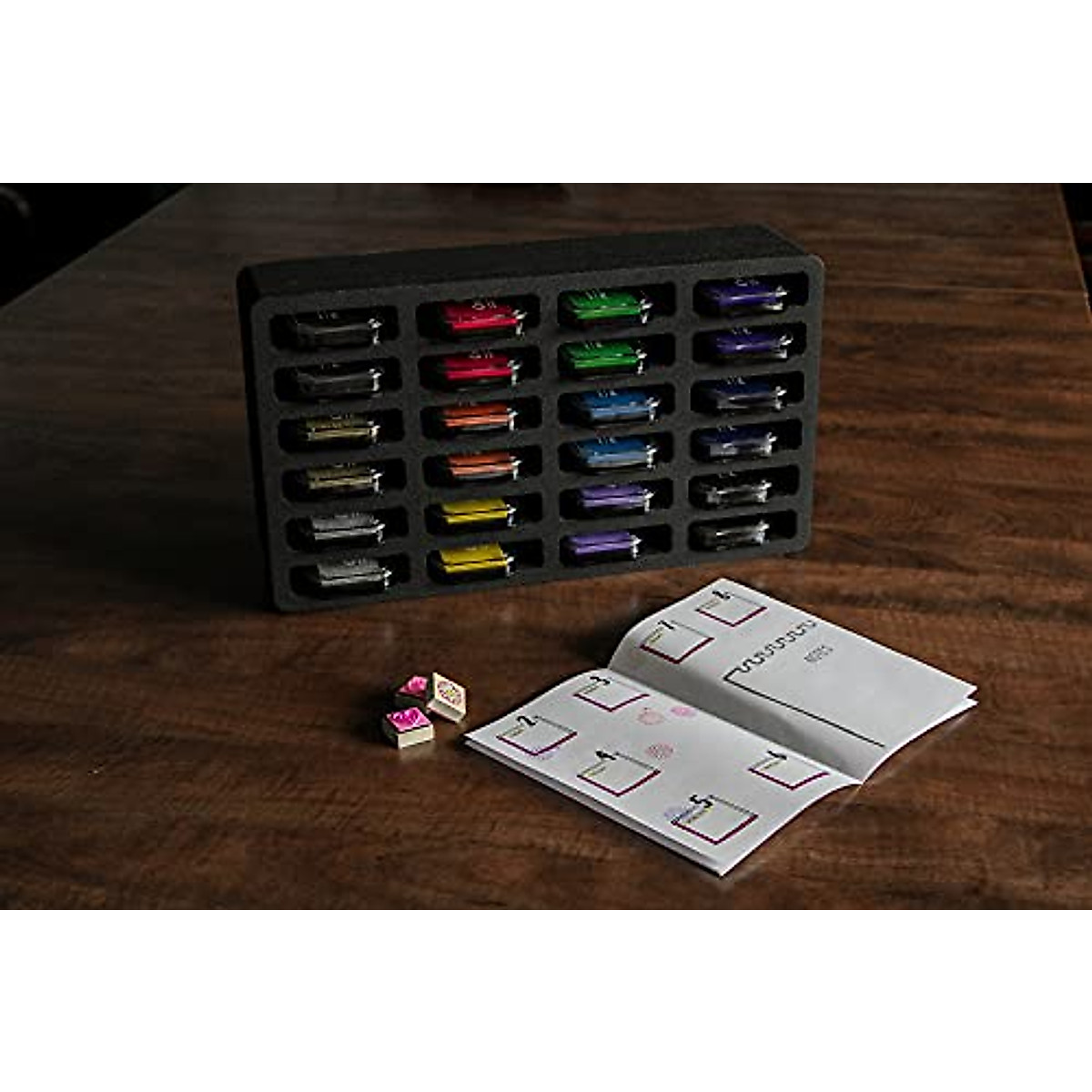 Polar Whale Ink Pad Storage Tray Organizer Stamping Design Stand Supply Black Foam Horizontal Holder Non-Rattle Washable Compatible with Versamark, Versafine, Distress, Stazon and More Holds 24