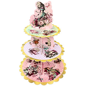 Alice 3-Tier Cardboard Cupcake Stand Holder Dessert Tower Decorations Round Serving Tray Birthday Mad Hatter Tea Party Supplies Baby Shower Wedding
