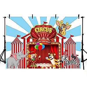 MEHOFOND Circus Birthday Photo Studio Booth Background Red Stripes Animals Circus Carnival Kids Happy Birthday Party Decorations Backdrops Banner for Photography 7x5ft