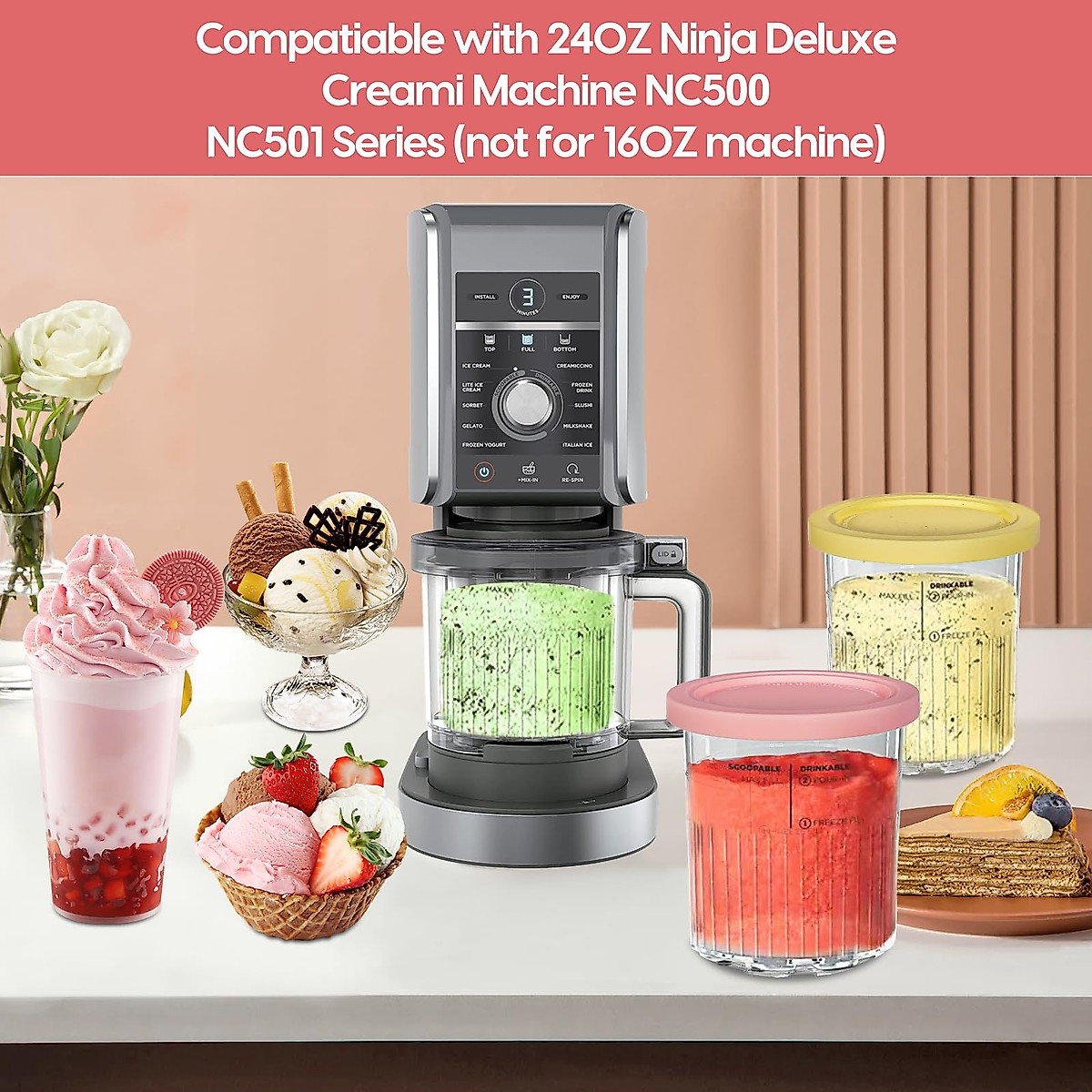 Generic Fit For ninja creami pints and lids - 4 pack Pot Compatible with NC501 NC500 Series 11-in-1 Creamer Ice Cream Maker Machine 4 Pack 24OZ NC501 Ninja Creami Deluxe XL Cups BPA Free