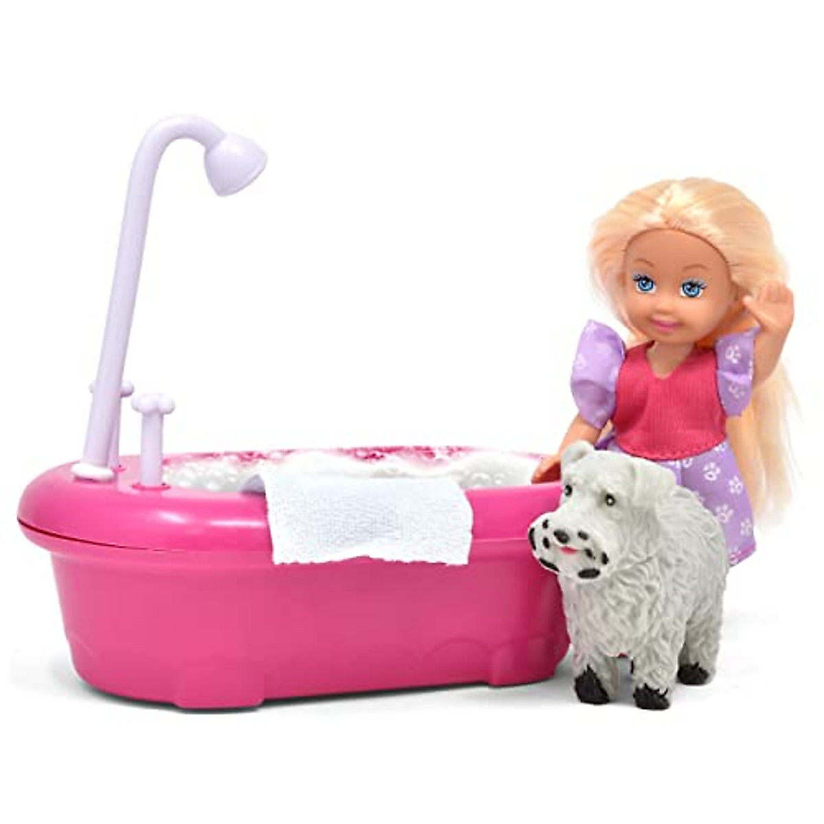 Gift Boutique 4.5 Inch Mini Small Doll with Bathtub Toy Set, Miniature Fashion Doll with Blond Hair and Little Puppy for Toddlers Kids Girls Age 3 4 5 6 7 8 Year Old