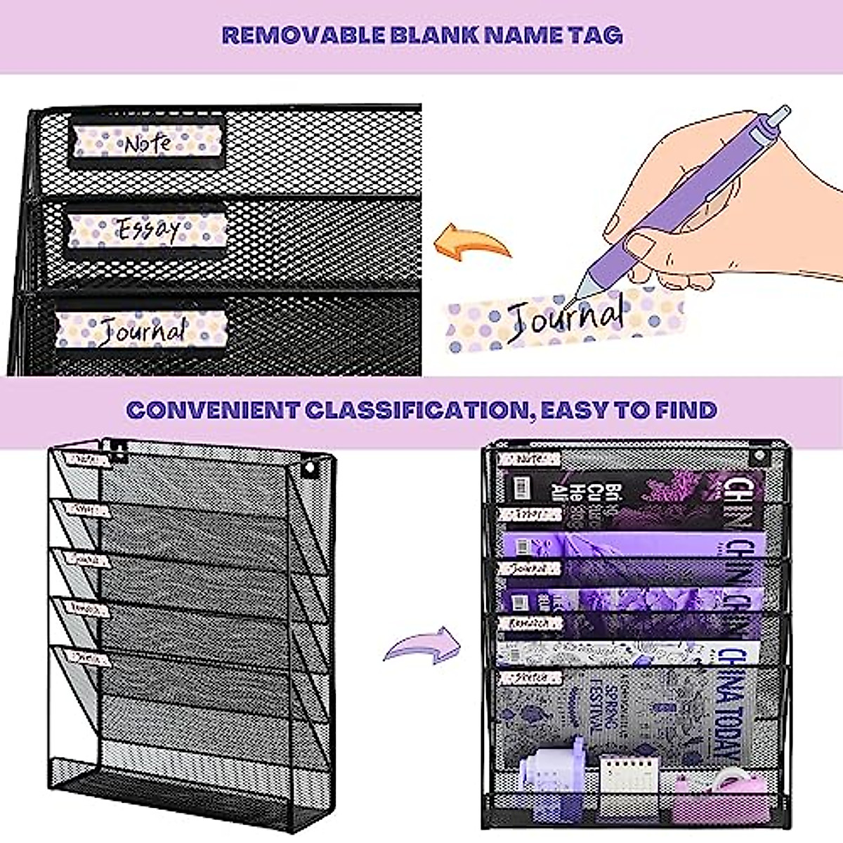 HMXLJJY 6 Tier Mesh Wall File Organizer,Vertical File Organizer,Hanging Folder Organizer Wall Mount with Flat Tray,Mail Organizer for Papers,Folders,Files Clipboard & Magazine Organization for Office,Home(Black)