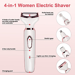4 in 1 Electric Razor for Women, RAIALL Lady Electric Shaver Hair Remover for Face Legs Nose Underarm, Portable Bikini Trimmer Wet & Dry Cordless Hair Removal with 4 Floating Head - USB Recharge