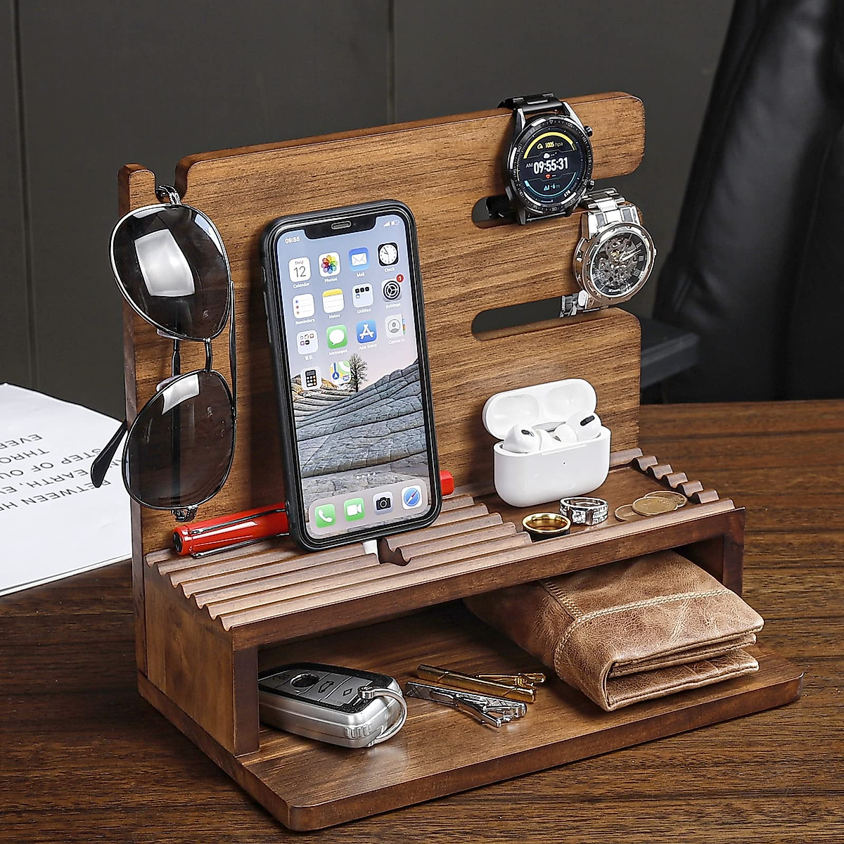 Homde Solid Wood Charging Station Storage/Nightstand for Multiple Devices Including Phone, Smart Watch, Laptop, Tablet Perfect as an Electronic Organizer Gift for Men