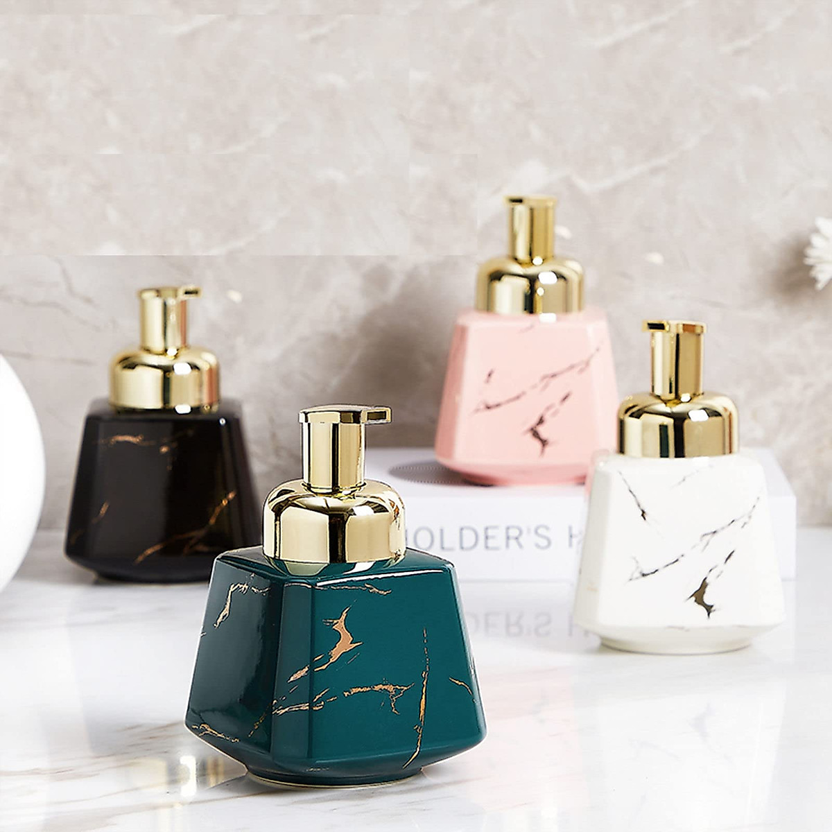 Soap Dispenser,/Marble Ceramic Foaming Soap Dispenser, Foam Soap Dispenser with Gold Pump, Hand Foaming Dispenser, for Barthroom Kitchen-pink-400ml/short (Color : Pink)