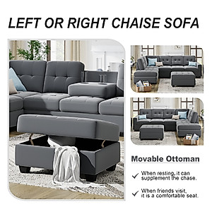 Merax L Shaped Sectional Sofas 3-Seat Sofa Sets Sectional Sofa Couches with Reversible Chaise Lounge, Cup Holders and Storage Ottoman for Living Room Furniture (Grey)