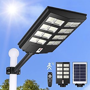 iReCaDaTa 1600W Solar Street Light Outdoor Dusk to Dawn Road Lamp Solar Flood Lights+Pole, IP67 Waterproof 640 LED 6500K LED Flood Outdoor Solar Powered with Motion Sensor for Yard, Path, Garden