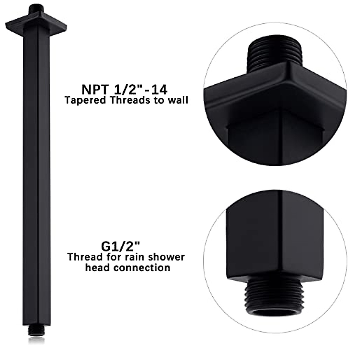 Anpean 16 Inch Square Ceiling Mounted Shower Arm and Flange, Matte Black