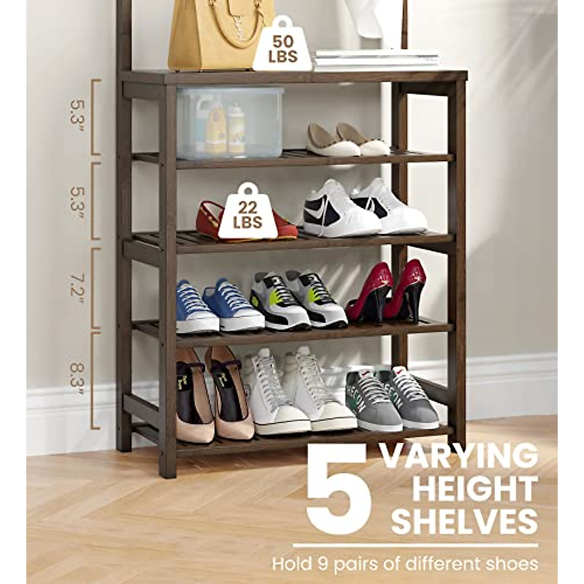 SEIRIONE 5-Tier Coat and Shoe Rack for Entryway Organizer, Freestanding Hall Tree, Mudroom Storage Organization Furniture, 5 Hanger Hooks, Upper Shelf, Solid Bamboo, Stylish Appearance