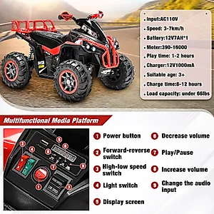 Soar Four Wheeler for Kids - Electirc Toddler 4 Wheeler for Kids 3-6, Ride on ATV 12v Battery Powered, Kids Quad with LED Lights, Music, High Low Speed, USB/TF, Treaded Tires, Red