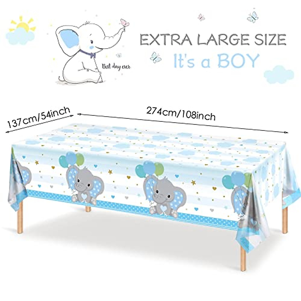 Baby Shower Table Cover Decorations Elephant Tablecloth Table Cover Plastic Rectangle Table Decors for Baby Boy Girl Gender Reveal Party Supplies, 54 x 108 Inches (Blue,3 Pieces)