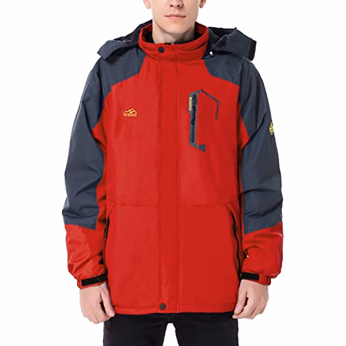 Men's Mountain Waterproof Ski Jacket Windproof Rain Jacket Winter Warm Snow Coat II with Removable Hood U120WCFY028,Red,L