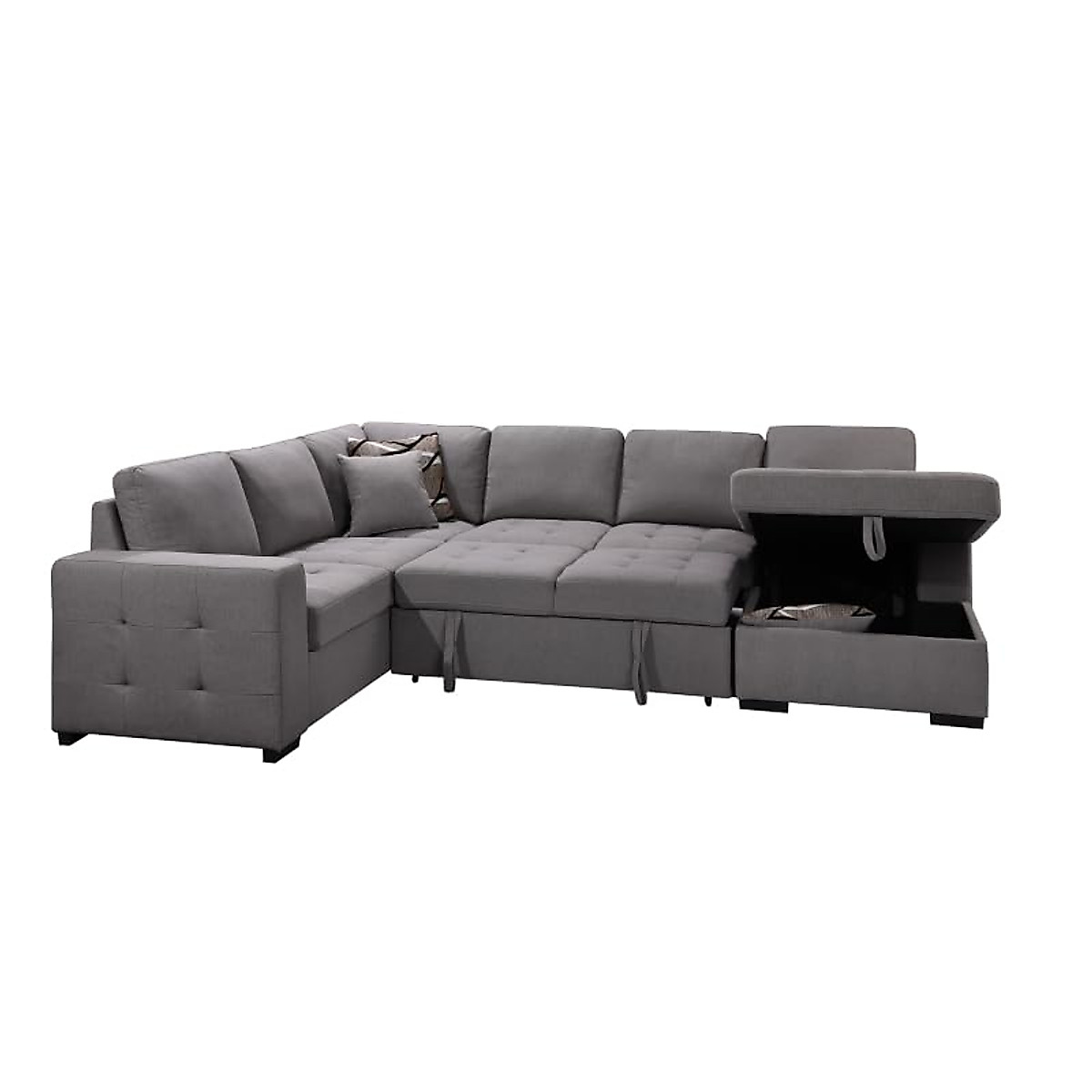 123" U-Shaped Polyester Sectional Sofa with Pull Out Sleeper Couch Bed & Storage Chaise, Oversized Functional Sofa & Couch Convertible Sofabed w/4 Pillows for Home Apartment Living Room Furniture Set
