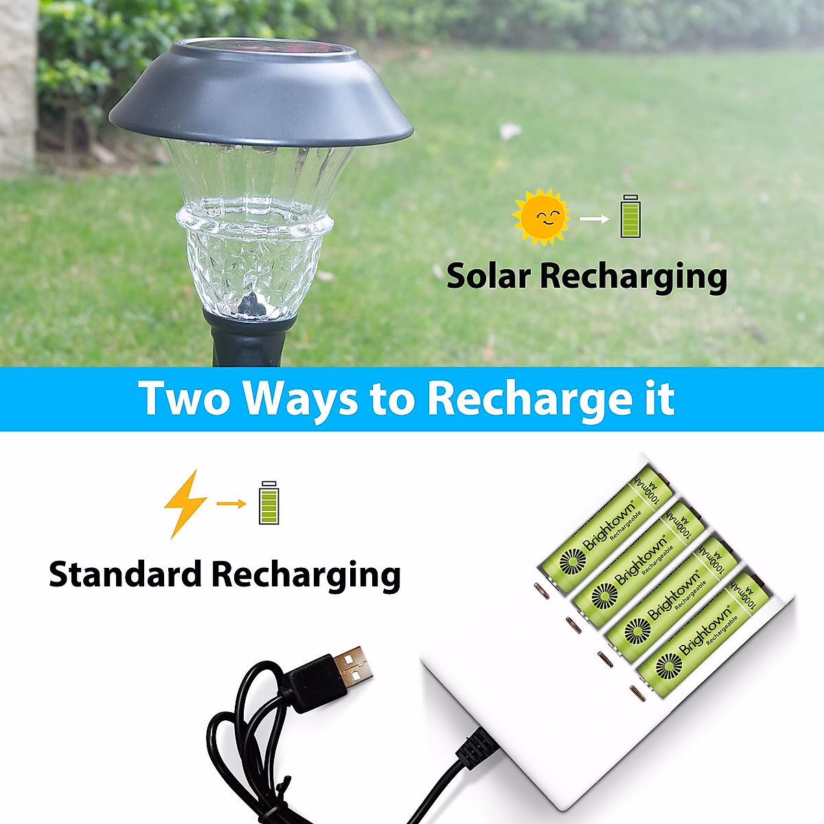 Brightown 12-Pack Rechargeable AA Batteries - 1000mAh 1.2V NiMH High Capacity Batteries - Ideal for Solar Lights & Home Devices, Recharge up to 1000x Times, Pre-Charged