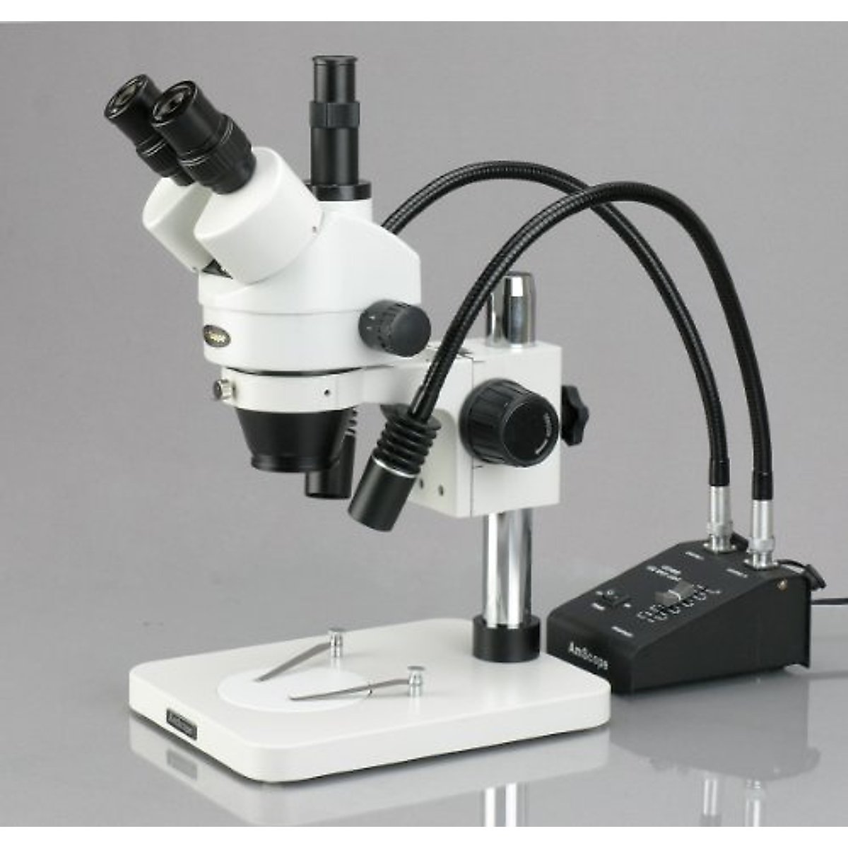 AmScope SM-1TSW2-L6W-10M Digital Professional Trinocular Stereo Zoom Microscope, WH10x and WH25x Eyepieces, 3.5X-225X Magnification, 0.7X-4.5X Zoom Objective, 6W Dual-Gooseneck LED Light, Pillar Stand, 85V-265V, Includes 0.5X and 2.0X Barlow Lenses, Inclu