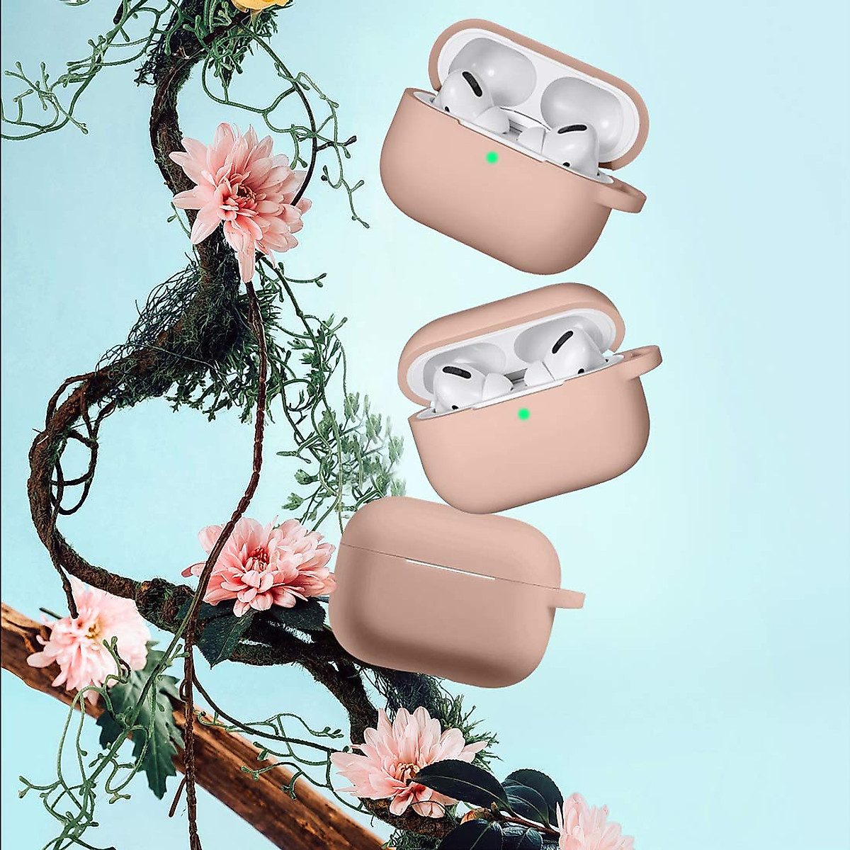 R-fun AirPods Pro Case Cover with Keychain, Full Protective Silicone Skin Accessories for Women Men Girl with Apple 2019 Latest AirPods Pro Case, Front LED Visible-Milk Tea