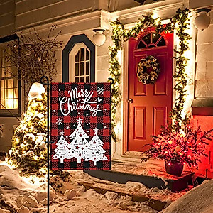 hogardeck Merry Christmas Garden Flag, Buffalo Plaid Check Tree Burlap Christmas Decorations, Vertical Double Sided Winter Decor, Bell & Star Outdoor Indoor Yard Flag 12.5x18 Inch