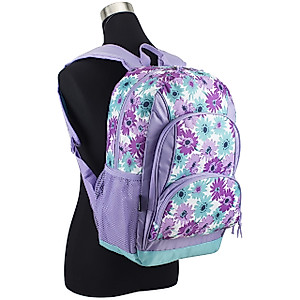 Eastsport Multi Pocket Backpack, 18” Triple Compartment Book Bag w/Adjustable Padded Straps - Purple Flowers