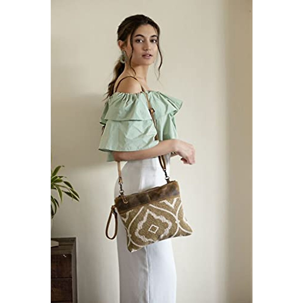Myra Bag Chocolate Caramel Small & Crossbody Bag Upcycled Canvas, Leather & Rug S-2170