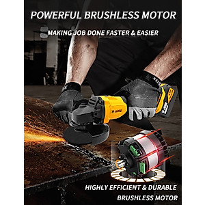 LAGATUNS Cordless Angle Grinder，Cordless Grinder w/21V 6.0Ah Li-Ion Battery & Charger,Brushless Motor, 4-1/2'' Blade, Quick-Change Wheel Guard, 2-Position Handle, Battery Grinder Tool set