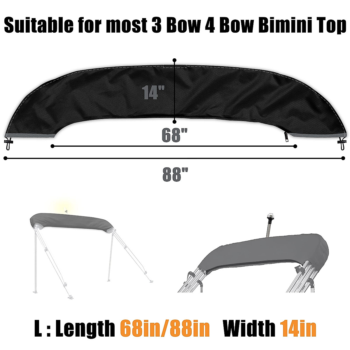 Bimini top Boot Cover, Suitable for 3-4 Bows Bimini Tops, Design with Light Hole Bimini Top Cover, 600D Waterproof Bimini Storage Boot, L 68-88IN, Black