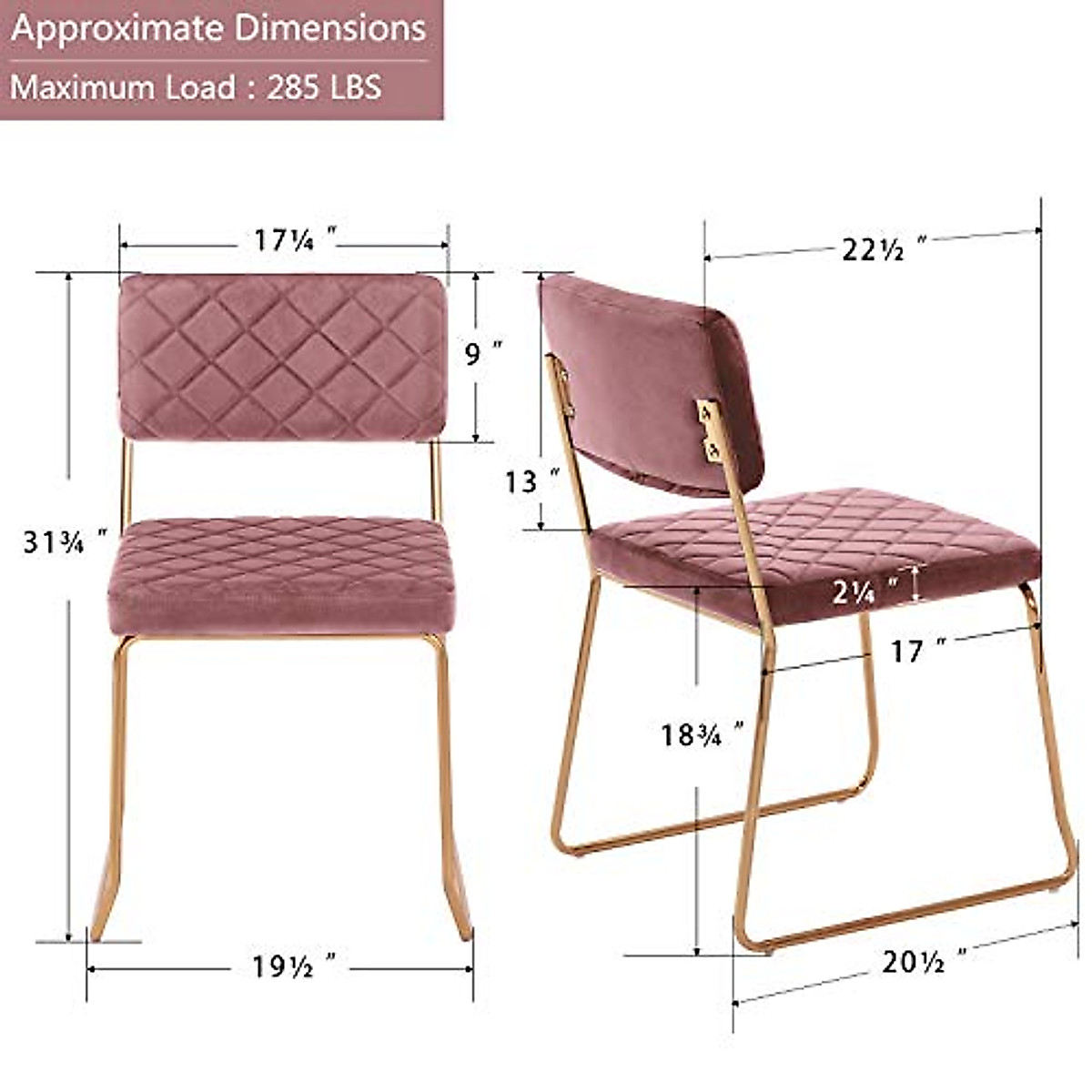 Duhome Velvet Dining Chairs Set of 2, Upholstered Accent Chairs for Kitchen Living Room Backrest Desk Chair with Gold Metal Legs, Pink