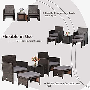 Tangkula 5 Pieces Wicker Patio Furniture Set, Patiojoy Conversation Chair and Ottoman Set with Single-Door Storage Coffee Table and Cushions, Outdoor Lounge Chair Chat Set, Space-Saving (Grey)