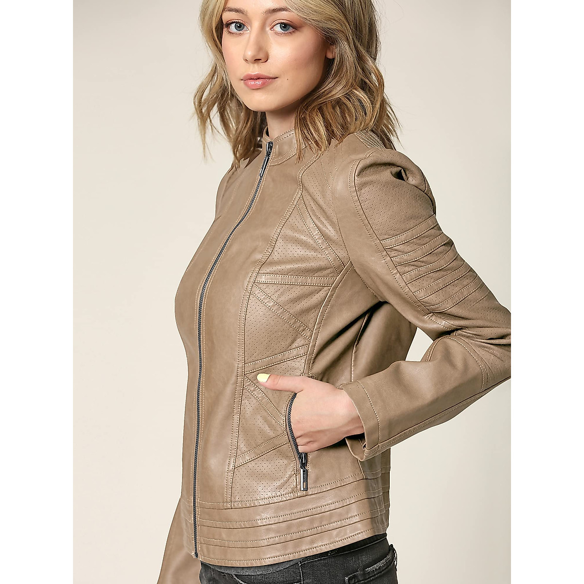 Made By Johnny MBJ WJC746 Womens Vegan Leather Motorcycle Jacket S Khaki