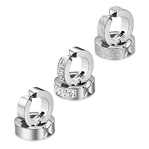 Jstyle 3 Pairs Stainless Steel Mens Womens Hoop Earrings Clip On CZ Non-Piercing S