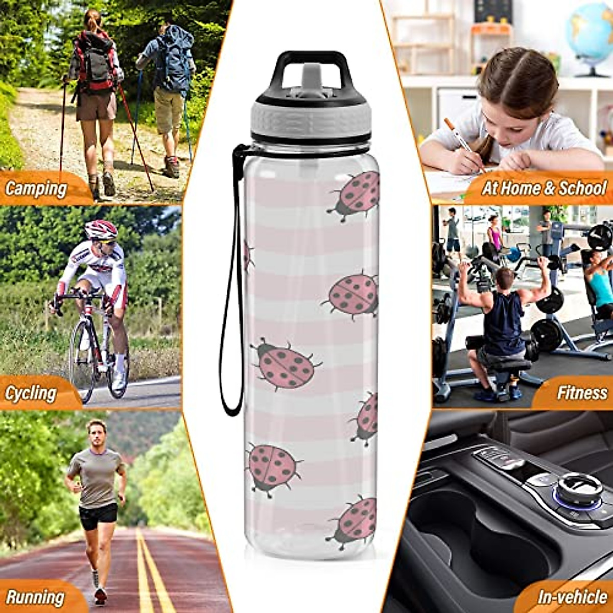 xigua Ladybug Water Bottle with Straw Lid,32 oz Leakproof Sport Water Bottle with Wide Handle for Gym,Cycling,School,Travel