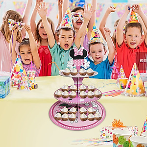 Jouierty Pink Cupcake Stand Cartoon Mouse Cardboard Dessert Tower Serving Tray for Kids Girls Birthday Party Decoration Baby Shower Decor Tea Party Cup Cake Holders Display Table Decorate Supplies