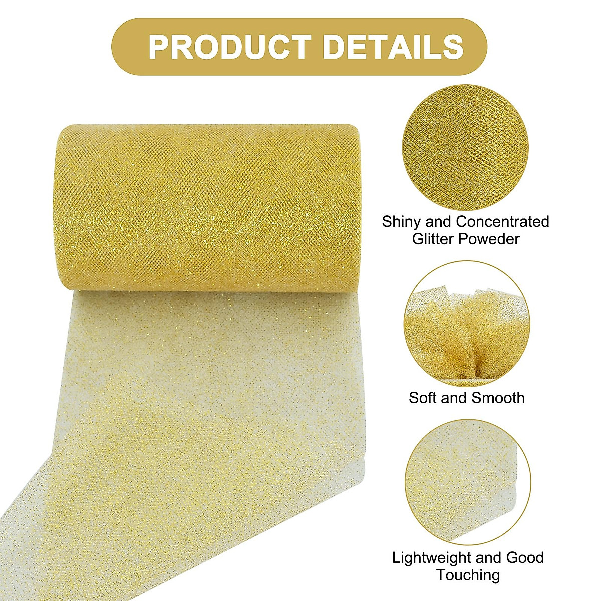 TONIFUL Gold Glitter Tulle Roll 6 Inch x 50 Yard Tulle Ribbon for Tutu Skirt, Wedding Christmas Baby Shower Valentine's Decorations and DIY Crafts