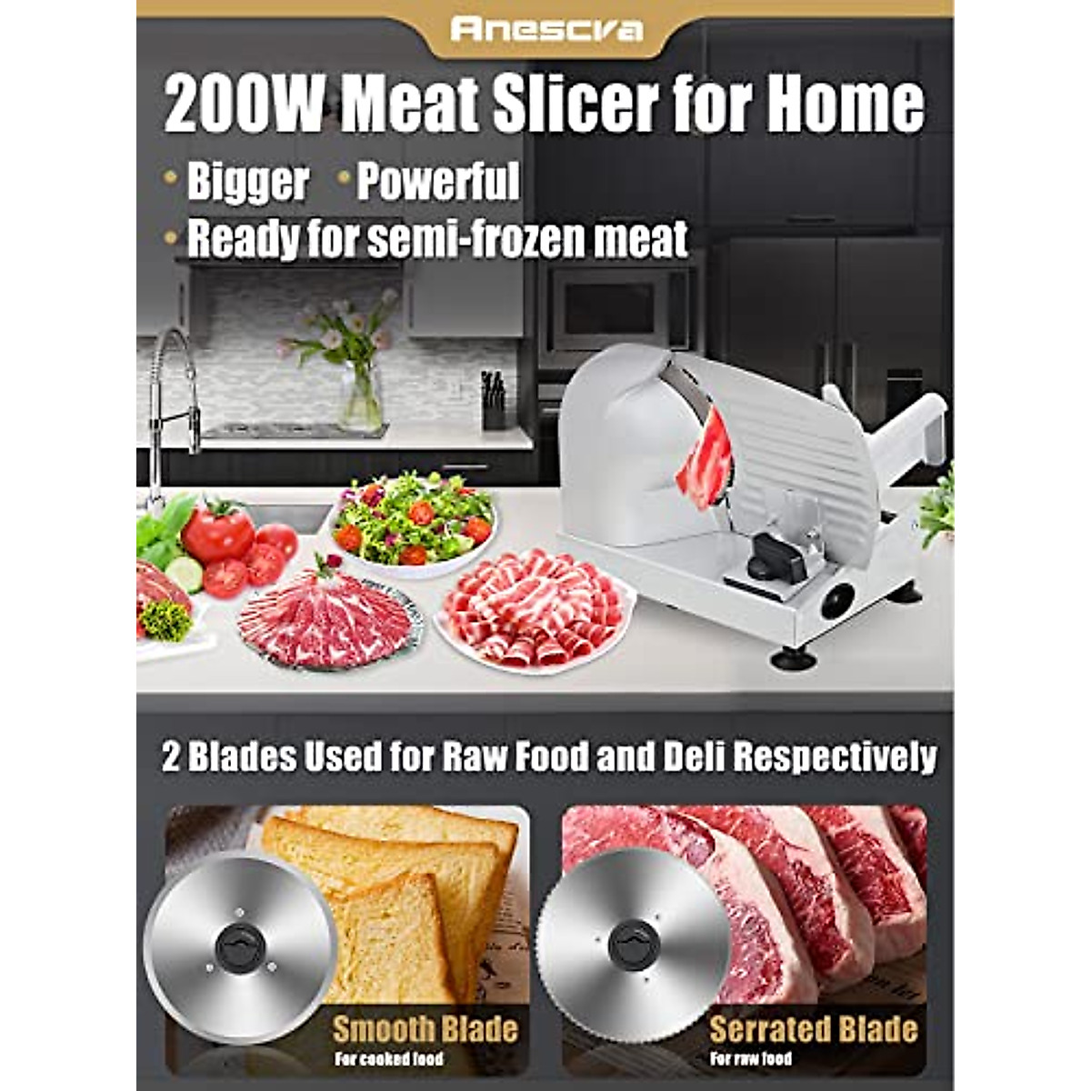 Meat Slicer, Anescra 200W Electric Deli Food Slicer with Two Removable 7.5’’ Stainless Steel Blades and Food Carriage, 0-15mm Adjustable Thickness Meat Slicer for Home, Food Slicer Machine- Silver