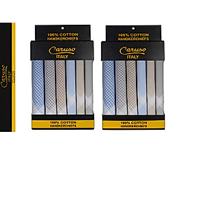 Caruso Italy Men's Italia 100% Pure Cotton Handkerchief White Blue Checks - Pack of 12