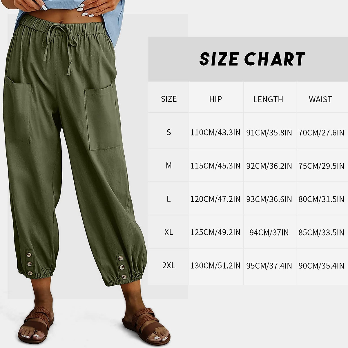 Women's High Waist Pants Drawstring Capri Pants with Pockets Wide Leg Cropped Pants for Women Green X-Large