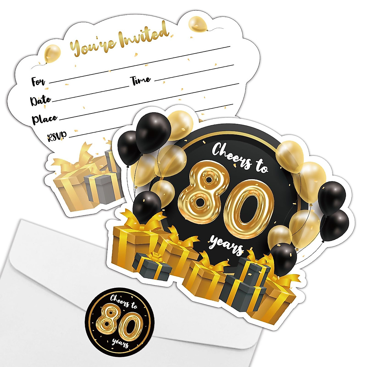 REWIDPARTY Cheers to 80 Years Birthday Party Invitations with Envelopes & Stickers（Set of 15） Balloon Shaped Fill-in Invitations Black Gold 80th Invite Cards 80th Birthday Anniversary Party Supplies