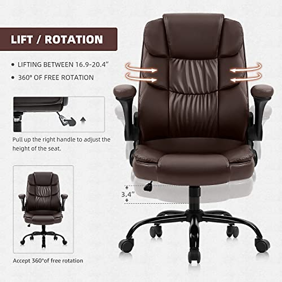 YAMASORO Executive Office Chair,Ergonomic Chair with Lumbar Support,Comfortable Computer Desk Chairs Flip up Arms and Wheels Swivel Task Chair, Brown