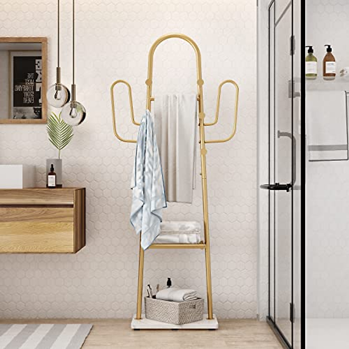 Gold Clothing Rack, Modern Clothing Rack with Shelf, Standing Coat Rack, 2-in-1 Garment Rack