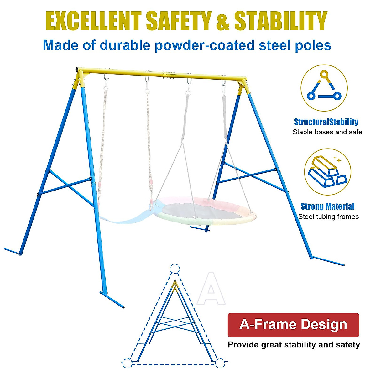 Hishine Swing Stand Metal Frame for Backyard, Heavy Duty Full Steel A-Frame with Ground Stakes, Fits 2 Swings Extra Large Outdoor 550lbs (Bicolor)